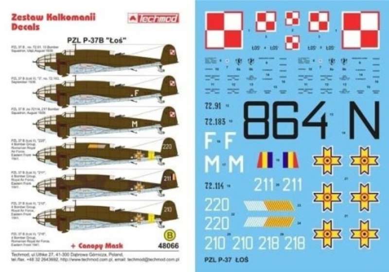 Kalkomania do samolotu PZL P-37B Łoś w skali 1-48 - Modeledo.pl